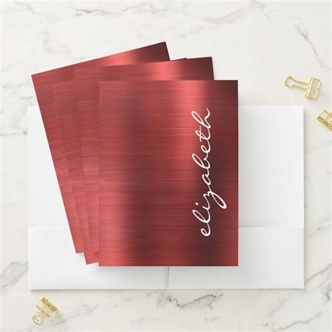 Ruby Red Brushed Metal Signature Script Pocket Folder Zazzle