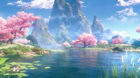 분홍색 꽃과 나무가 있는 산악 호수의 애니메이션 풍경 Seaart Ai