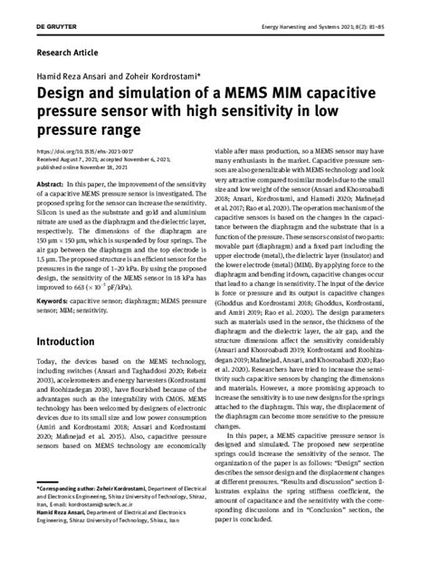 Pdf High Sensitivity Mems Capacitive Pressure Sensor