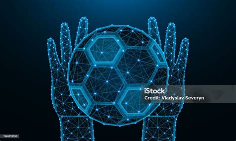 손과 축구 공 낮은 폴리 디자인 축구 다각형 스타일의 스포츠 게임 캐치 또는 어두운 파란색 배경에 포인트와 선으로 만든 볼 와이어 프레임 벡터 그림을 던져 개념에 대한 스톡