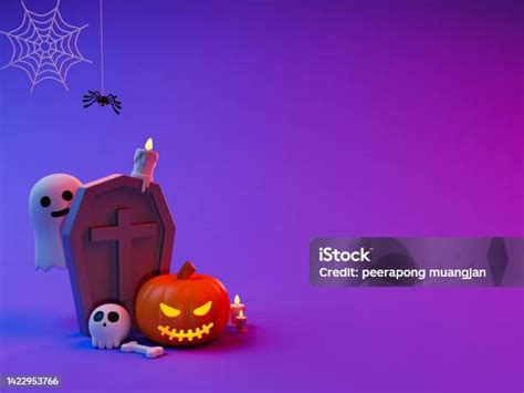 3d 최소 할로윈 테마 할로윈 파티 모형 복사 공간이있는 할로윈 템플릿 유령 무덤 두개골 호박 박쥐 및 거미 3d 렌더링