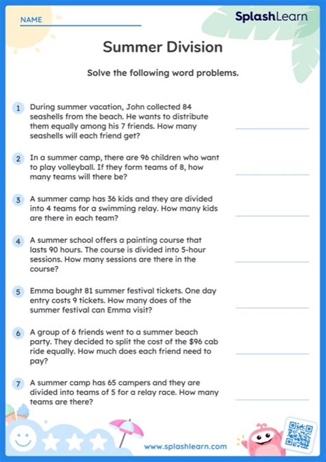 Divide 2 Digit Numbers By 1 Digit Numbers Summer Word Problems