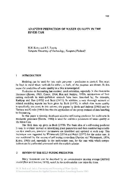 Pdf Adaptive Prediction Of Water Quality In The River Cam Juha Tanttu