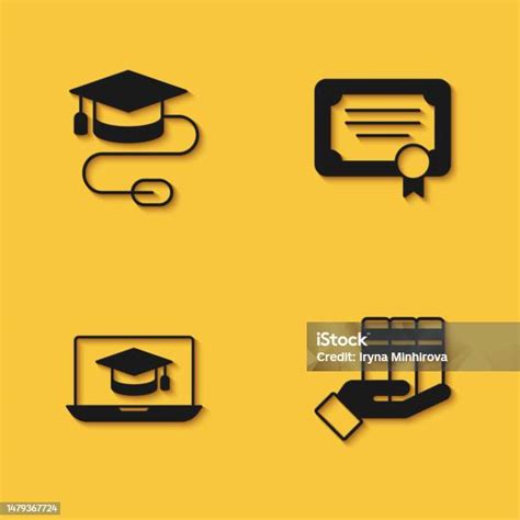 마우스 책 기부 노트북 및 긴 그림자가 있는 인증서 템플릿 아이콘으로 졸업 모자를 설정합니다 벡터 개념에 대한 스톡 벡터 아트 및 기타 이미지 Istock