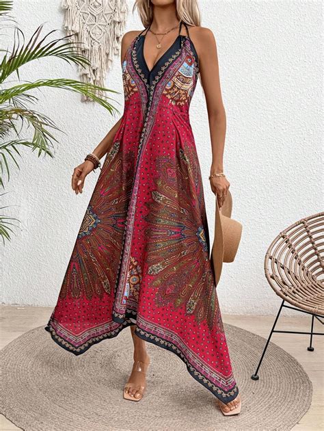 Shein Holidaya Women Floral Print Halter Neck Backless Long Sexy Dress