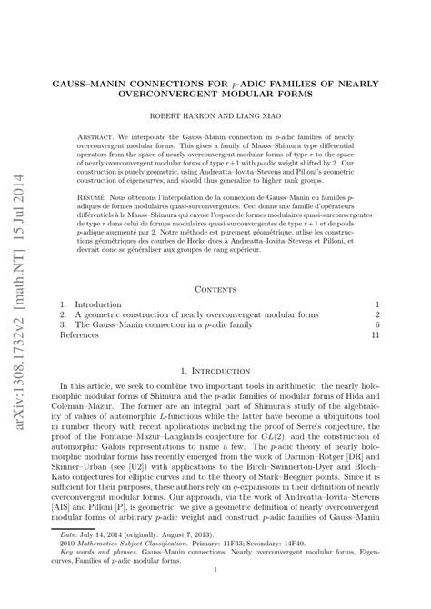 Pdf Gauss Manin Connections For P Adic Families Of Nearly