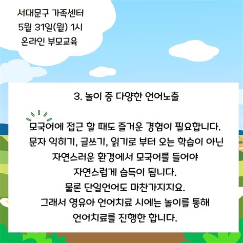 영유아 아동을 위한 놀이와 언어발달 부모교육 강의 서대문구 가족센터 다문화 가정 라라언어클리닉 치료사들을 위한 온라인 치료 강의