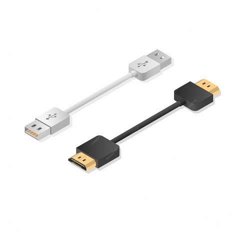 Usb 및 Hdmi 케이블 현실적인 아이소 메트릭 그림 흰색 배경에서 격리 프리미엄 벡터