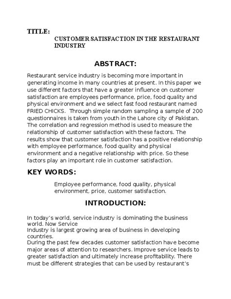 Doc Customer Satisfaction In The Restaurant Industry
