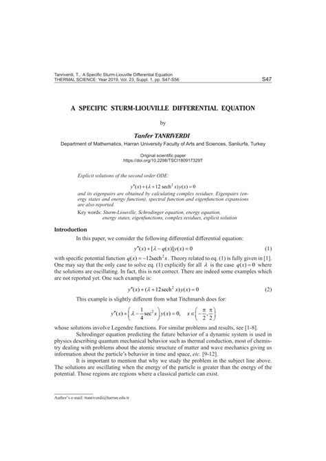 Pdf A Specific Sturm Liouville Differential Equation