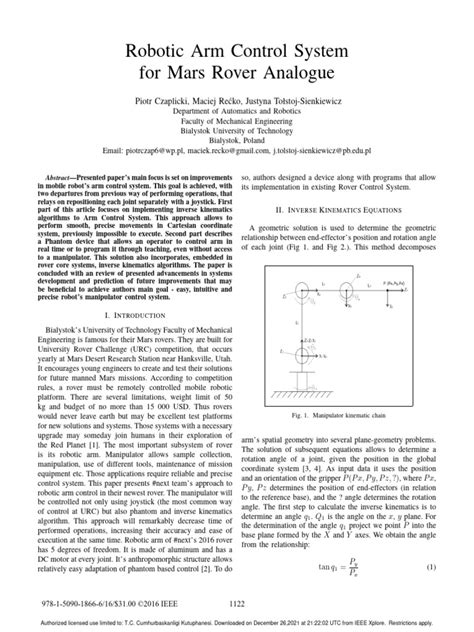 Robotic Arm Control System For Mars Rover Analogue Pdf Robotics Rover Space Exploration