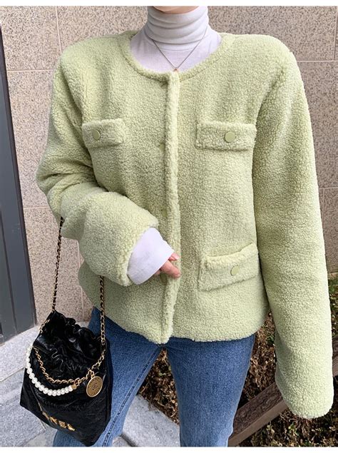 코밍 가을 겨울 간절기 민트 연두색 흰색 뽀글이 양털 후리스 노카라 하프 자켓