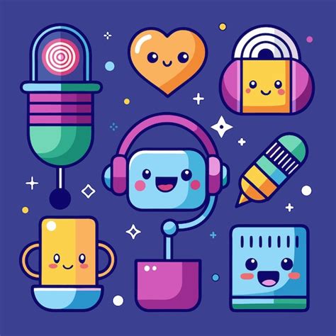 Cute Kawaii Objects On A Blue Background Premium Ai Generated Vector