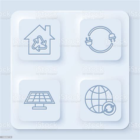 재활용 기호 전기 플러그 태양 에너지 패널 행성 지구와 재활용품이 있는 에코 하우스를 설정합니다 흰색 사각형 버튼입니다 벡터 0명에 대한 스톡 벡터 아트 및 기타 이미지