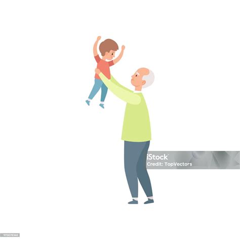 Kakek Menggendong Cucu Kecil Kakek Menghabiskan Waktu Bermain Dengan