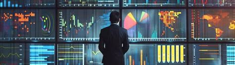 Businessman Analyzing Data On Multiple Screens A Businessman Stands In Front Of A Large Wall Of