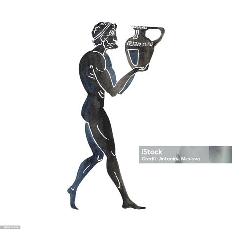 고대 그리스 올림픽 선수의 검은 실루엣 그리스 회화 손으로 그린 수채화 그림 격리 배너 인쇄물 및 직물용 포장용 라벨 및 엽서용 검은색에 대한 스톡 벡터 아트 및 기타