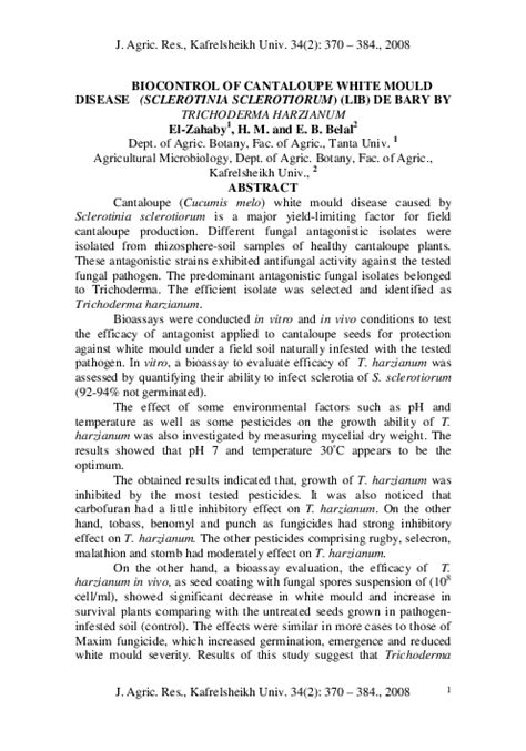 Pdf Biocontrol Of Cantaloupe White Mould Disease Sclerotinia Sclerotiorum Lib De Bary By