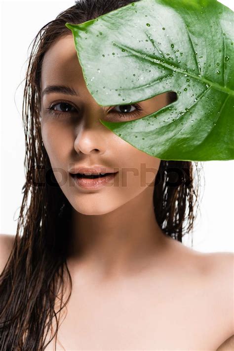 Beautiful Wet Naked Young Woman Holding Green Leaf Isolated On White