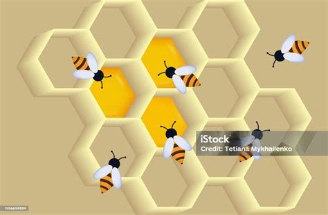 넓어짐이있는 꿀벌 3d 곤충과 끈적 끈적한 왁스 세포 달콤한 액체 흰색 육각형 노란색 꿀 질감의 프레임 양봉장 환경 자연 벌집에서 꿀벌 떼 벡터 그림입니다 0명에 대한 스톡