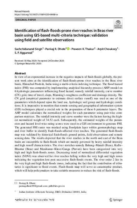 Pdf Identification Of Flash Floods Prone River Reaches In Beas River Basin Using Gis Based