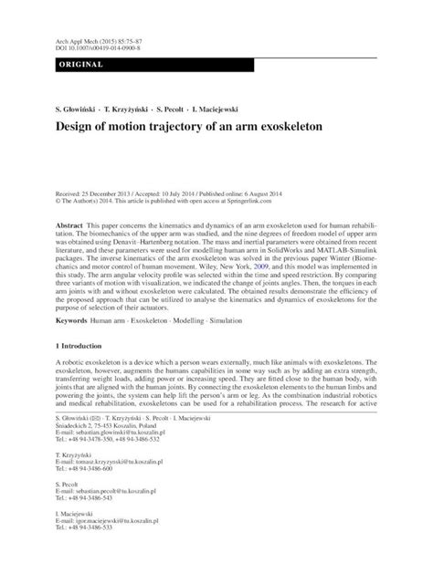 Pdf T Krzy˙zy´nski Design Of Motion Trajectory Of An Arm Arch