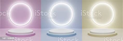 서로 다른 색상의 3 개의 연단 세트 아름다운 네온 배경을 가진 제품을위한 스탠드 3d 그림 0명에 대한 스톡 사진 및 기타 이미지 Istock