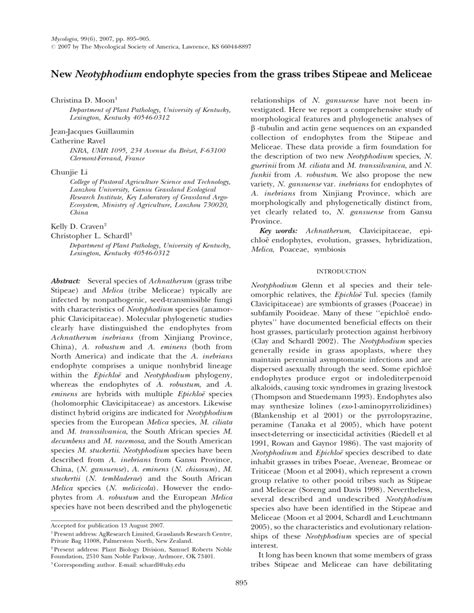 Pdf New Neotyphodium Endophyte Species From The Grass Tribes Stipeae