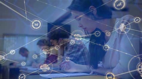 Animation Of Network Of Digital Icons Over Asian Girl Studying In Class At College Stock Footage