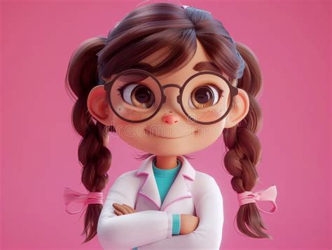 Cute Animated Girl With Glasses And Braids In A White Coat On Pink Background 3d Character