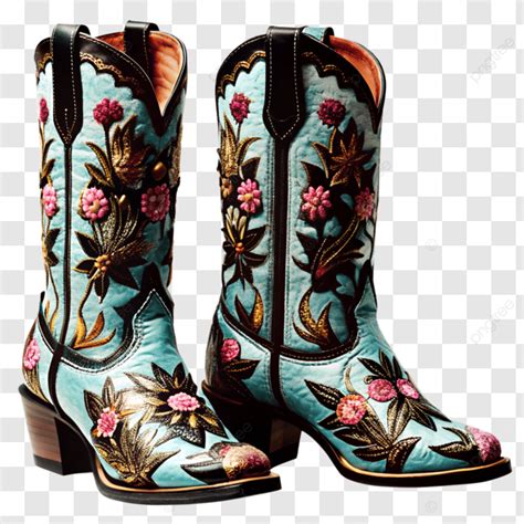 분홍색과 청록색 꽃무늬 디자인 클립 아트가 있는 세련된 카우보이 부츠 핑크색 꽃무늬 카우보이 부츠 청록색 꽃무늬 부츠 클립 아트 웨스턴 플로럴 부츠 Png 일러스트 및