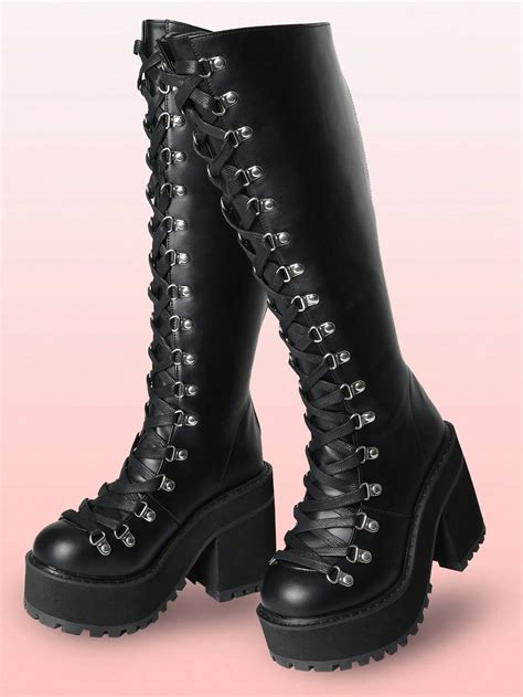 Womens Fashionable Knee High Boots Goth Platform Boot Lace Up Punk With