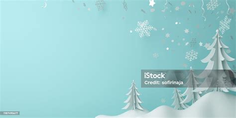 겨울 추상 배경 디자인 창조적 인 개념 눈 아이콘 소나무 가문비 나무 전나무 나무 예술 종이 컷 종이 접기 녹색 민트 배경 공백 텍스트 영역을 복사합니다 겨울 페스티벌에