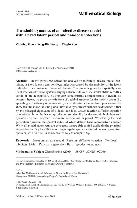 Pdf Threshold Dynamics Of An Infective Disease Model With A Fixed
