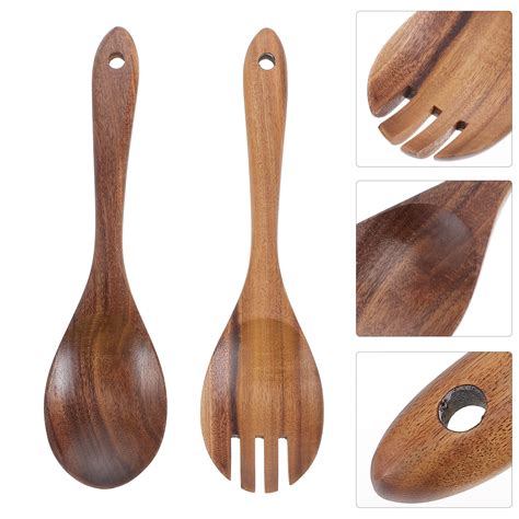 Hemoton 2 Piece Wooden Tableware Set Brown Wood Serving Fork And Spoon