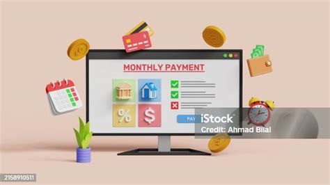 구독료 지불 대출 모기지 세금 저축 및 비용 개념 컴퓨터를 통한 월별 지불 3d 일러스트레이션 3차원 형태에 대한 스톡 사진 및 기타 이미지 Istock