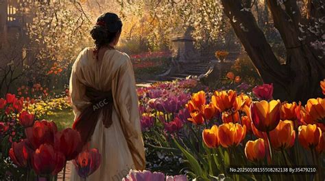 Ai创作图穿汉服赏花的人 花卉与电影 摘花仕女 唯美花儿女神背影 绝代佳丽郁金香 花丛中的男生背影 古装人物背影 盛开郁金香与美女 人在花间 赏花红衣姑娘背影 古树下的郁金香 赏花的姑娘
