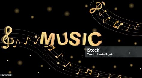 음자리표와 음표가 있는 음악적 배경과 검은색 배경에 금색 톤의 3d 효과 Classical Concert에 대한 스톡 벡터 아트