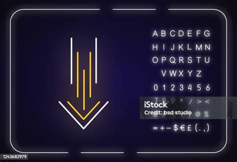 아래쪽 화살표 네온 표시등 아이콘입니다 스크롤 다운 인터페이스 탐색 버튼입니다 다운로드 프로세스 커서 외부 빛나는 효과 알파벳 숫자 및 기호로 서명합니다 벡터 절연 Rgb