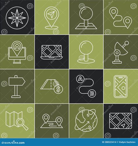 Set Line Gps Device With Map City Navigation Radar Folded Location Marker Monitor Wind Rose