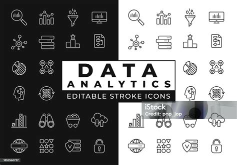 Data Analytics Line Icons Editable Stroke On Black And White Background