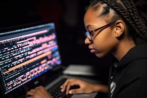 A Woman Working On A Laptop Computer With Programming Code Generative Ai Premium Ai Generated