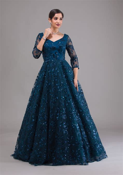Buy Peacock Blue Sequins Net Designer Gown Koskii