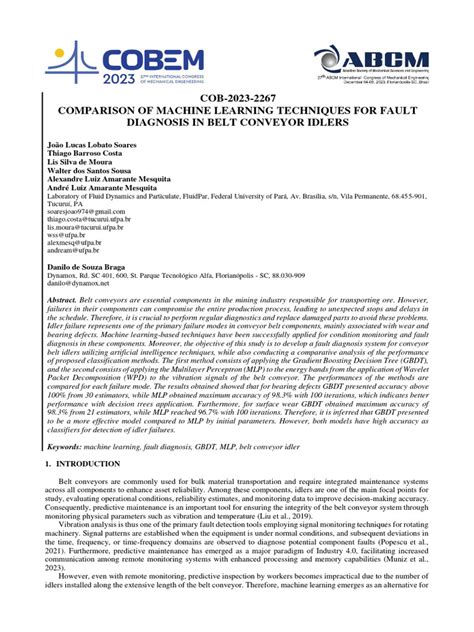 Comparison Of Machine Learning Techniques For Fault Diagnosis In Belt Conveyor Idlers Pdf