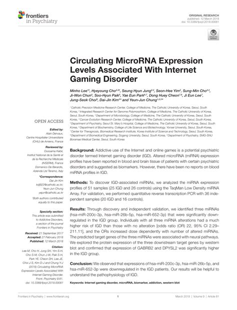Pdf Circulating Microrna Expression Levels Associated With Internet Gaming Disorder
