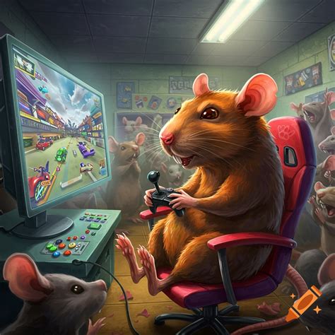 Illustrated Rat Playing Video Game In A Chair Surrounded By Other Rats