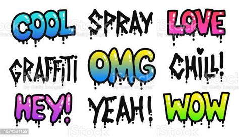 낙서 단어 세트입니다 태그와 스프레이 효과가 있는 낙서가 있는 거리 예술 그래픽 거리 태그 스티커 만화 낙서 힙합 스타일과 도시 레터링의 도시 비문 벡터 컬렉션입니다 개체