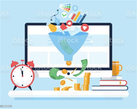 수익 창출 팁 판매 깔때기 분석 구매 깔때기 개념 인터넷 기술을 이용한 Smm 전략 플랫 스타일의 벡터 일러스트레이션 관로에 대한 스톡 벡터 아트 및 기타 이미지 Istock