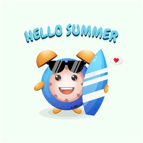 Cute Clock Mascot Carrying Surfboard In Summer Stock Vector