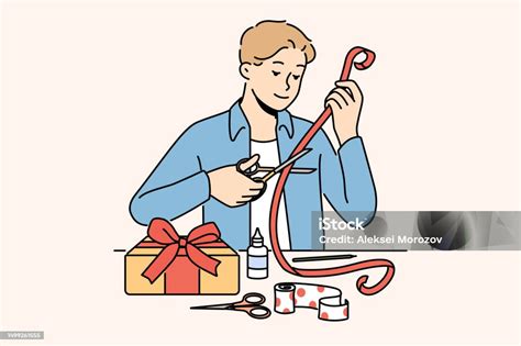 남자는 축제 종이로 빨간 리본이 달린 상자를 장식하는 자신의 손으로 선물을 만든다 Diy에 대한 스톡 벡터 아트 및 기타 이미지 Diy 개념 개념과 주제 Istock
